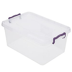 Home Basics Plastic Storage Box with Locking Lid, Clear | Durable Latches for Secure Closure | Purple Handles (10 liter)