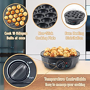 FineMade Takoyaki Maker Pan with Temperature Control, Tools and Recipes, Make 18 Japanese Octopus Balls at once, Easy to Use and Store