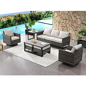 HUMMUH Patio Swivel Chairs Set of 2,PE Wicker Outdoor Rocker Chairs Bistro Set Porch Balcony Furniture with Beige Cushions