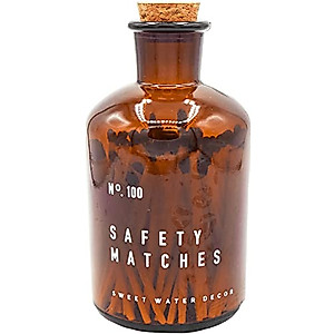 Sweet Water Decor 3" Safety Matches in Medium Amber Apothecary Bottle | Rustic Jar of Approx. 100 Decorative Matchsticks with Strike Pad | Cute Candle Accessory Match Holder with Colored Tips (Black)