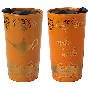 Disney Aladdin Travel Coffee Mug, 16oz - Insulated, Ceramic To-Go Cup with Lid - Gold Genie Lamp & Make A Wish Design - Gift for Teen, Adults & Mothers Day