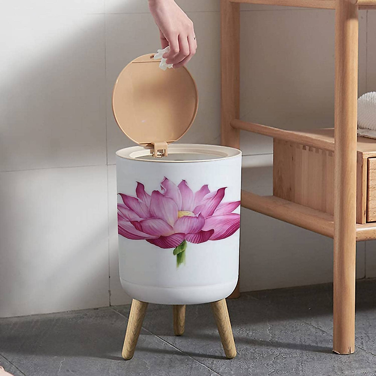 Press Cover Round Trash Bin with Legs Lotus flower in a full bloom watercolor Tender pink water lilly Push Top Trash Can with Lid Dog Proof Garbage Can Wastebasket for living room 7L/1.8 Gallon
