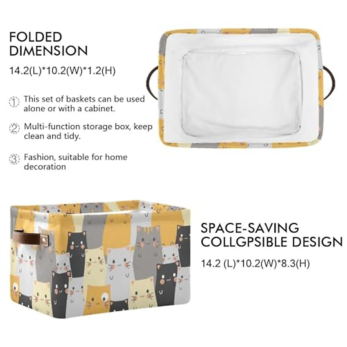 Cartoon Cats Storage Basket Bins Decorative Toy Organizer Bins Laundry Hamper Baskets with Handles for Bedroom Office Clothes Pet Nursery Living Room,2 pcs
