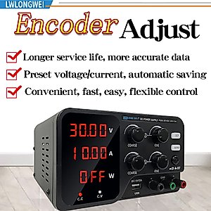 LWLONGWEI DC Power Supply Variable,30V 10A Adjustable Switching Regulated DC Bench Power Supply with 4-Digits LED Power Display 5V/2A USB Output, Coarse and Fine Adjustments Black