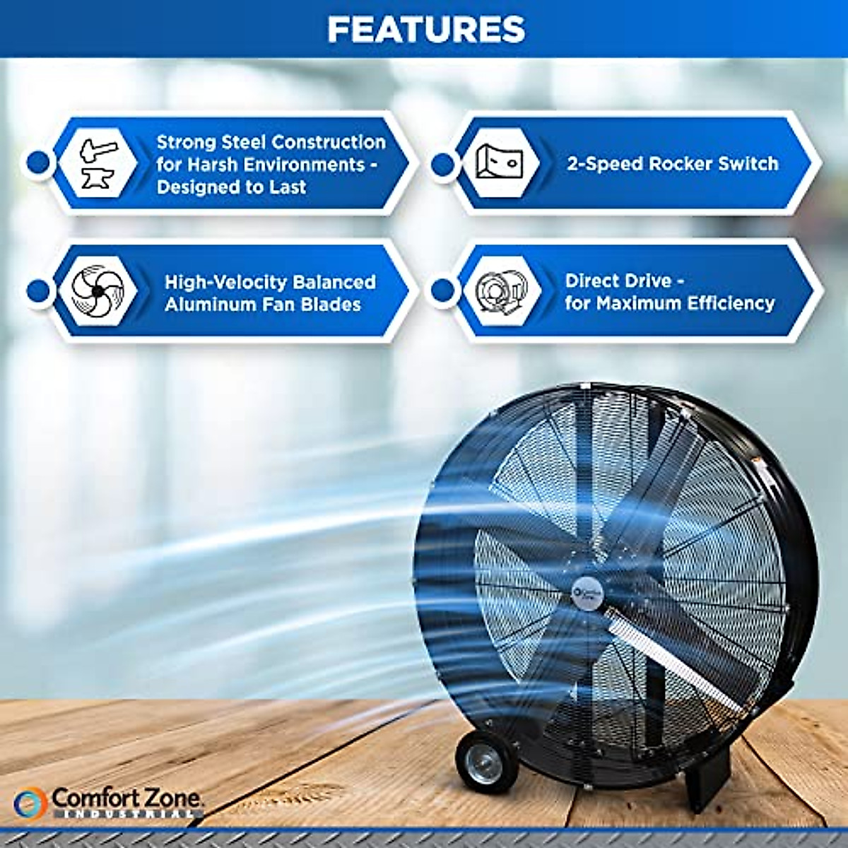 Comfort Zone CZMC42 42” 2-Speed High-Velocity Direct-Drive Industrial Drum Fan with Individually Balanced Aluminum Blades, All-Metal Construction, and Rubber Wheels, Black