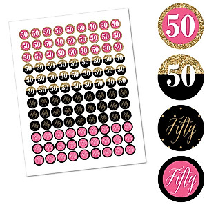 Big Dot of Happiness Chic 50th Birthday - Pink, Black and Gold Round Candy Sticker Favors Labels Fit Chocolate (1 Sheet 108)