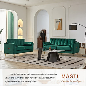 MASTI Green Velvet Loveseat Sofa for Small Spaces,59" Modern Love Seats Furniture with Golden Legs and Two Bolster Pillows Suitable for Living Room,Bedroom and Apartment