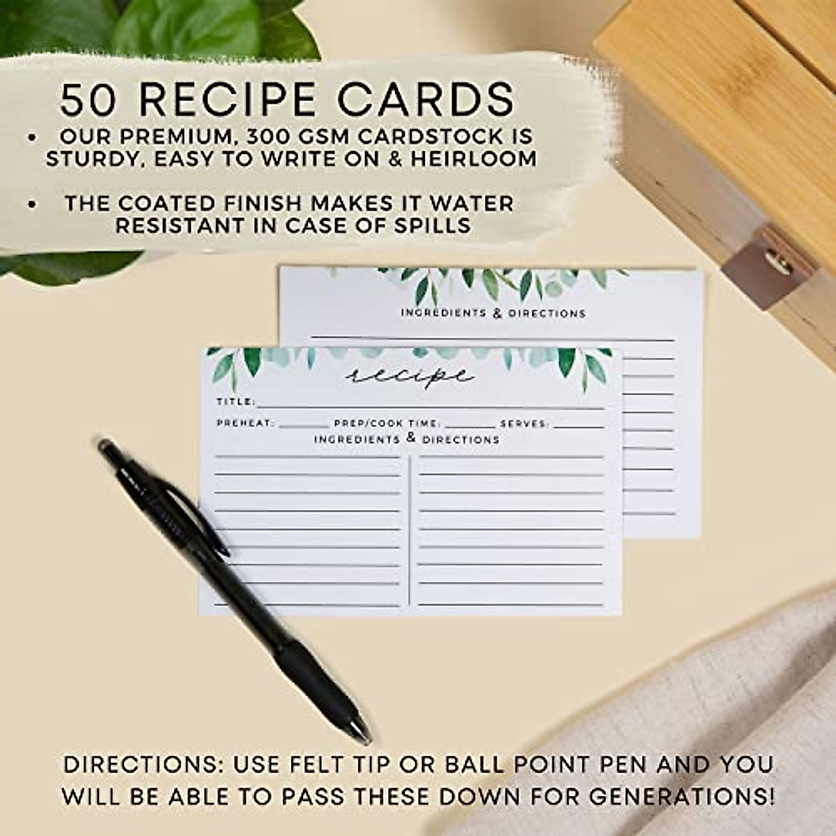 Pera Blanca Recipe Box with Cards and Dividers | Recipe Card Box Faux Leather Handle | 50 Eucalyptus Patterned Recipe Cards and Box Set | Wooden Recipe Box | Housewarming Gifts | Wood Recipe Box 4x6