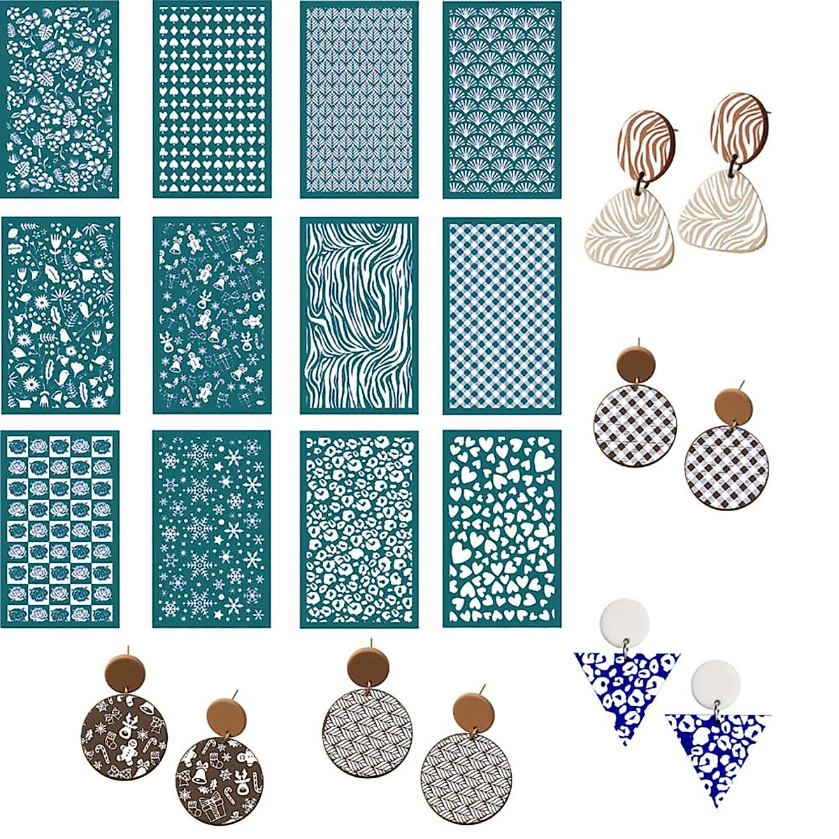 Reusable Silk Screen Polymer Clay Kit Flower Leaves Love Heart Christmas Bells Snowlake Decoration Silk Screen Stencils Polymer Clay Tools Printing on Clay & Other Jewelry Clay Earrings Decoration
