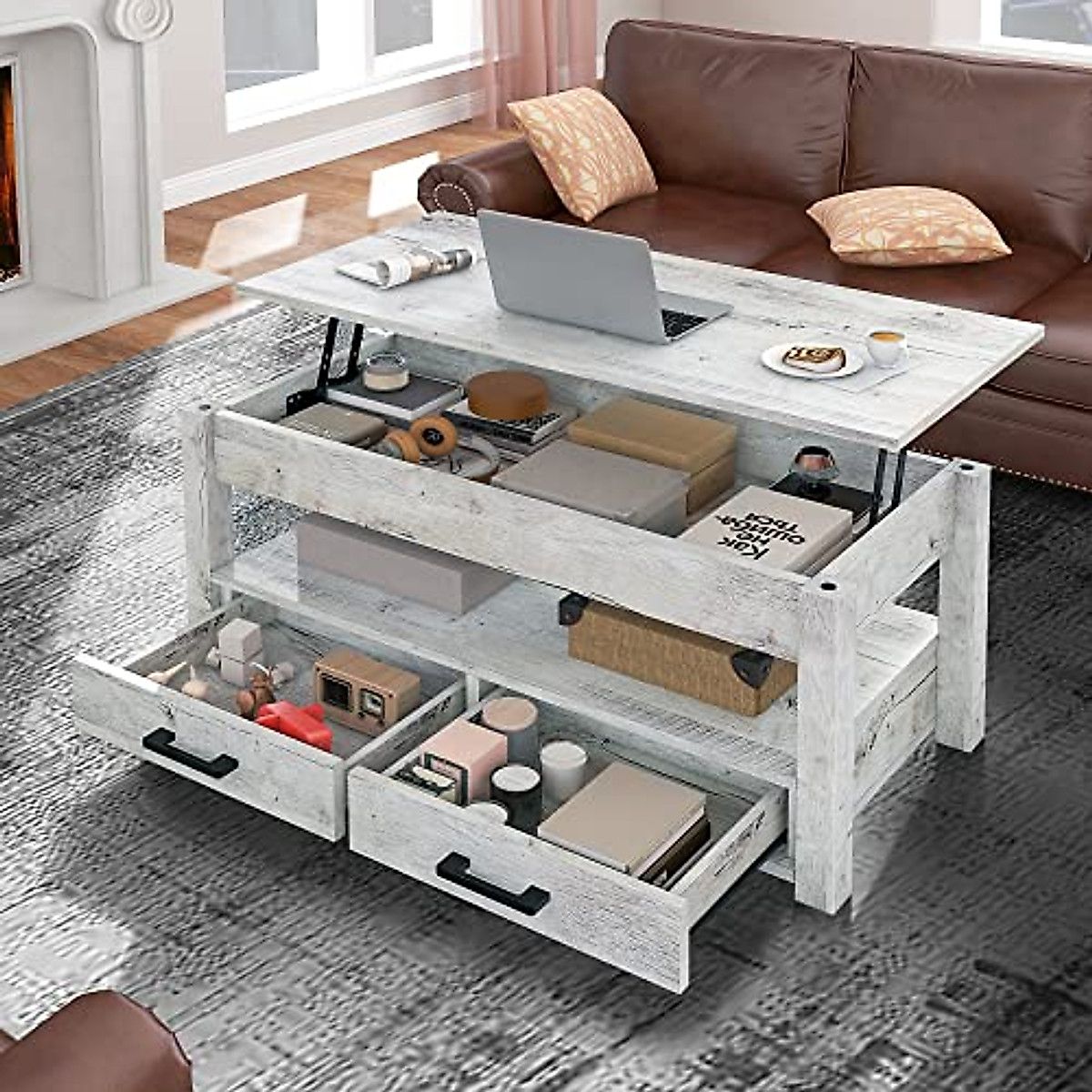 FABATO 41.7'' Lift Top Coffee Table with Hidden Compartment for Living Room, Mid-Century Cocktail Table with 2 Storage Drawers Wood Tea Center Table for Home Office, Gray