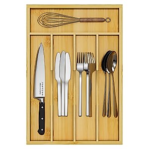 Youpehom Bamboo Utensil Organizer for Kitchen Drawers, Utensil Tray and Cutlery Silverware Holder,Wood Drawer Dividers with 5 Slots