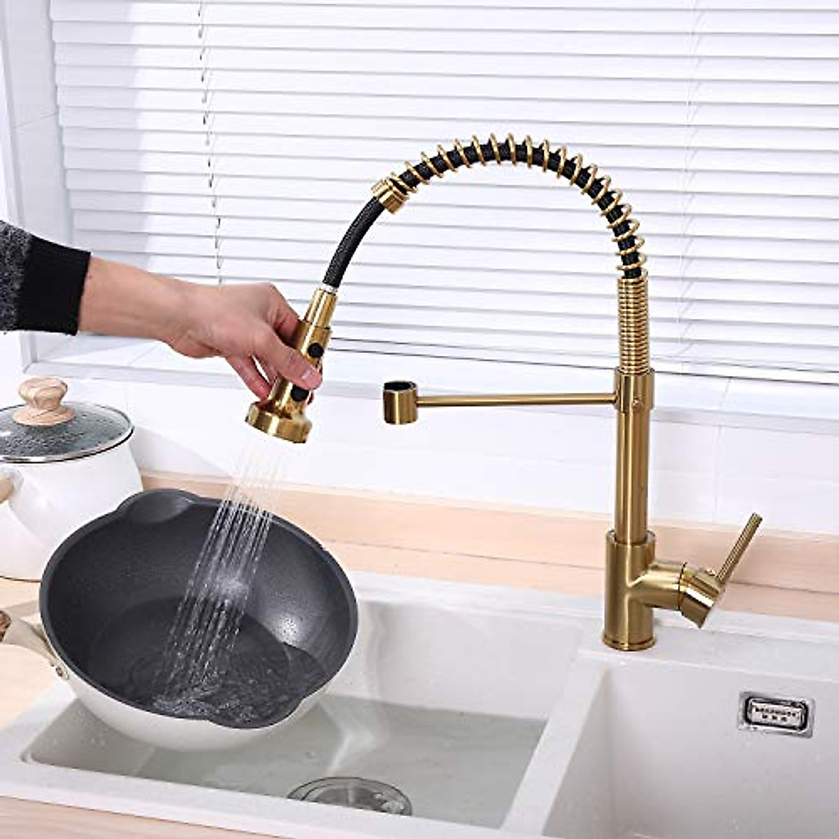 Ntipox Brushed Gold Kitchen Faucet with Pull Down Sprayer,Brushed Brass Kitchen Sink Faucet Single Handle Single Lever ，Spring Rv Kitchen Faucet, 3 Function Laundry Faucet