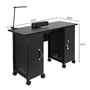 mefeir Manicure Table Nail Desk w/Electric Downdraft Vent,Iron Frame Beauty Spa Salon Workstation w/Wrist Rest,Lockable Cabinets,Casters & Clip-On LED Lamp,Black(43.3''L x 16.9''W x 29.5''H)