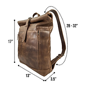 Hide & Drink, Roll Top Backpack Handmade From Full Grain Leather and Plaid Cotton - Vintage Style Rucksack - With Adjustable Shoulder Straps - Bourbon Brown