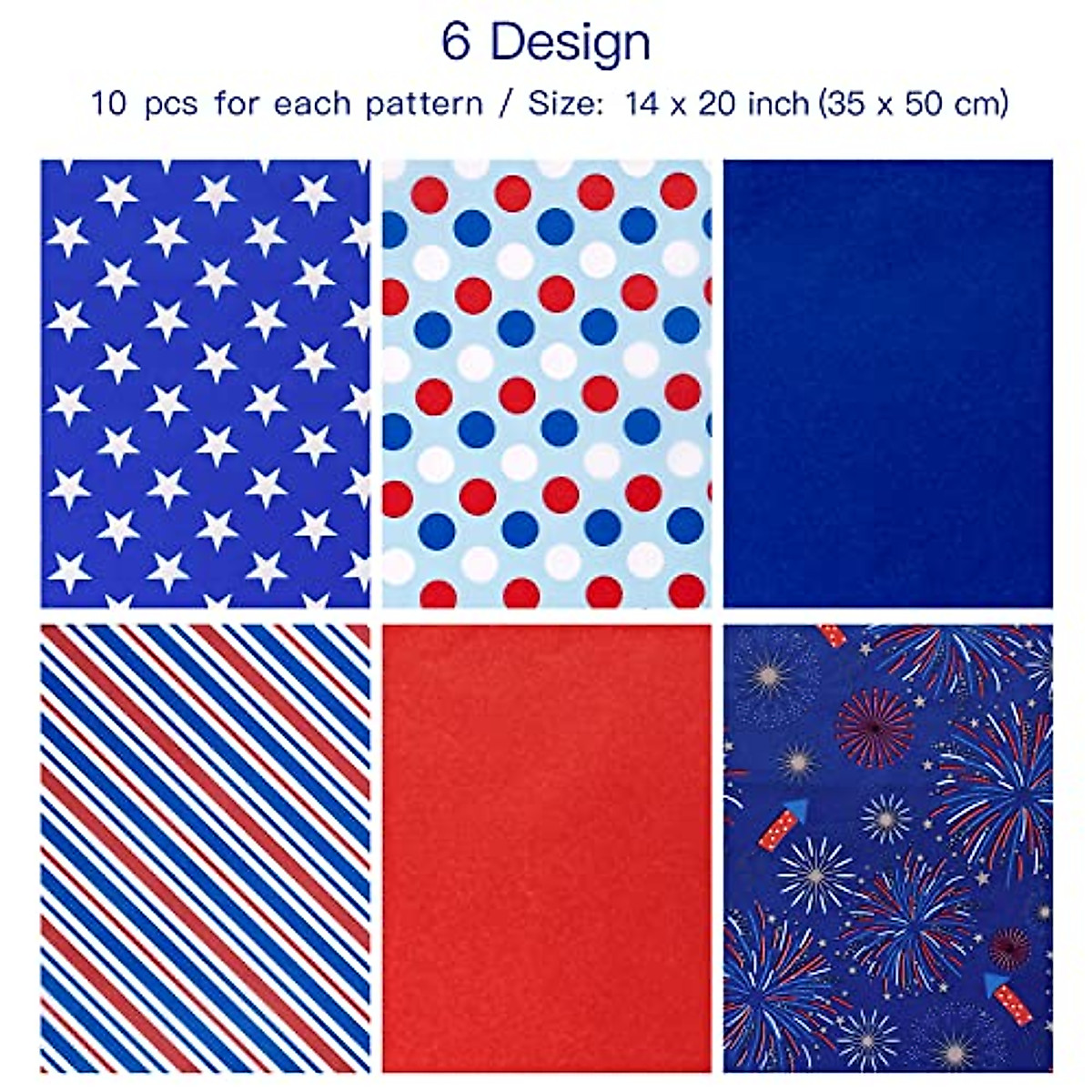 WRAPAHOLIC Wrapping Tissue Paper - 60 Sheets 14 x 20 Inch Blue Red White Tissue Paper Bulk for Independence Day Gift Wrapping, Arts & Crafts, Packing and Decorations