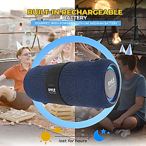 PyleUsa Wireless Portable Bluetooth Boombox Speaker - 2Ch Waterproof Rechargeable Fabric Stereo Speaker w/Google Assistant/Siri Voice Control, TWS Function, USB FM Radio, RGB Lights -PSBWP9BL (Blue)
