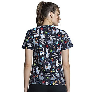 Cherokee Prints Women Scrubs Top V-Neck Print CK651, S, Llama Love