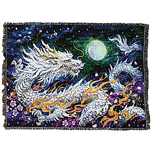 Pure Country Weavers White Dragon and The Moon Blanket by Kayomi Harai - Fantasy Gift Tapestry Throw Woven from Cotton - Made in The USA (72x54)