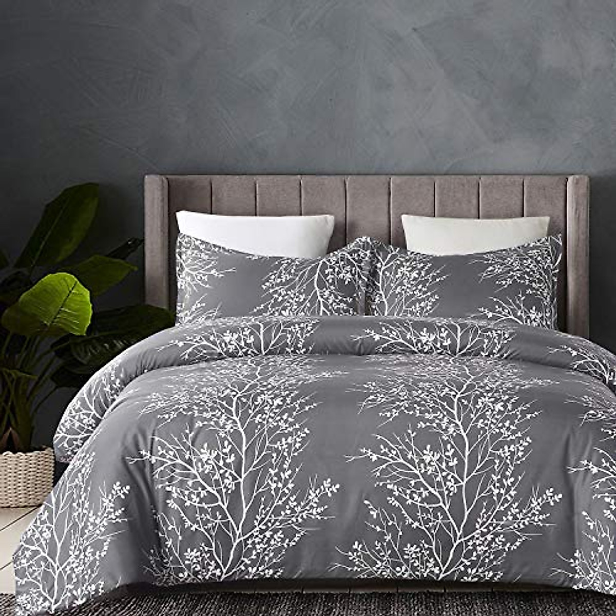 Vaulia Lightweight Cooling Microfiber Duvet Cover Set, Grey and White Floral Branches Printed Pattern All Season - Queen Size, 3-Piece Set (1 Duvet Cover 2 Pillow Shams)