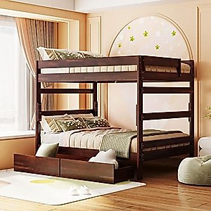 Full Over Full Bunk Bed with 2 Drawers, Solid Wood Bunk Bed Frame with Ladders & Storage Drawers, Bedroom Furniture Can Be Divided Into Two Individual Beds