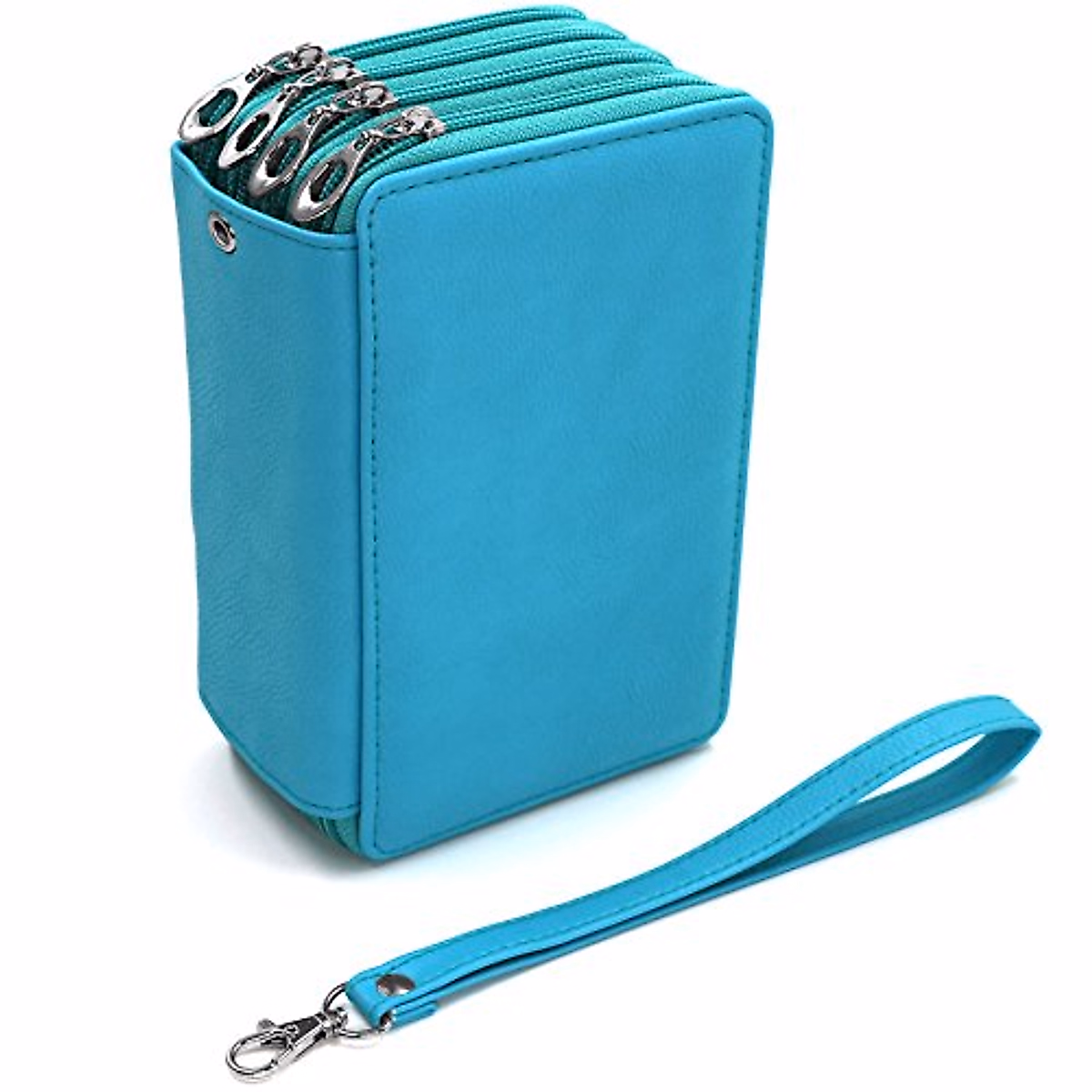 YOUSHARES 72 Slots Pencil Case - PU Leather Handy Multi-layer Large Zipper Pen Bag with Handle Strap for Colored / Watercolor Pencil (Turquoise)