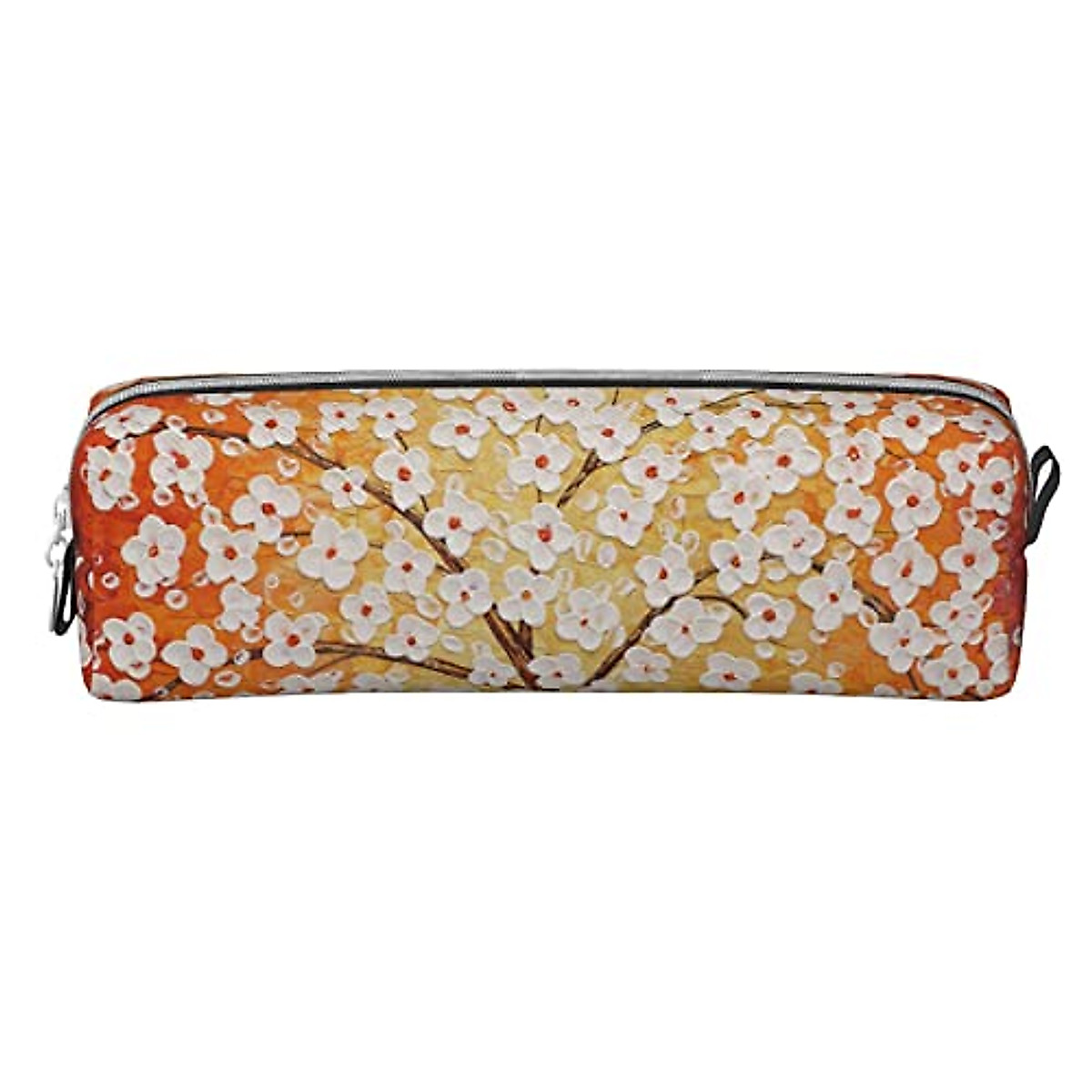 Oil Painting White Flowers Pencil Case with Brass Zipper Office Supplies Leather Simple Cute Storage Pouch