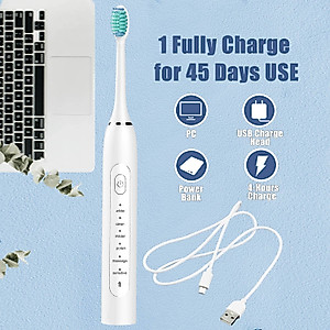 AUWISH Sonic Electric Toothbrush for Kids and Adults with 6 Modes, 4 Medium Brush Heads, Fast Charge, and Timer Reminder, White