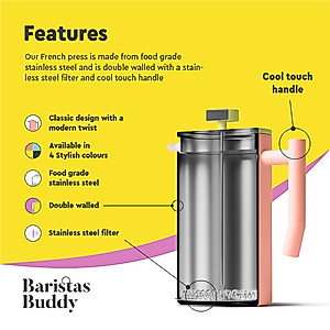 BaristasBuddy Cute Pink French Press Coffee Maker - Colorful, Retro And Stylish Insulated Coffee Brewer - Large Size Brews 4 Cups