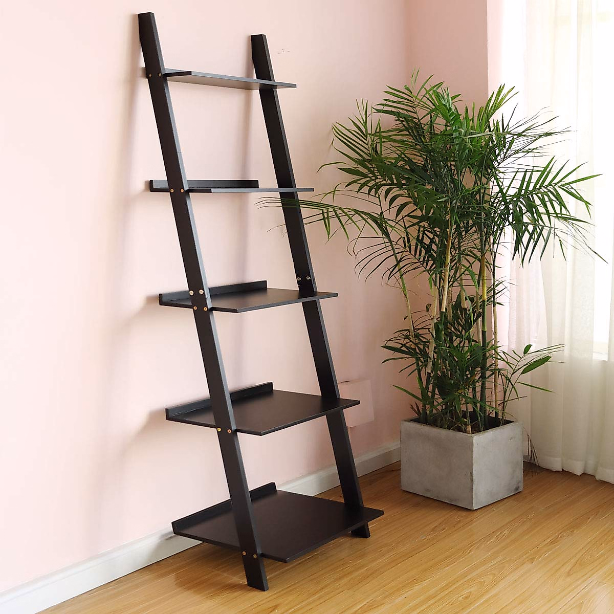 HYNAWIN Ladder Shelf 5 Tier Bookcase, Multipurpose Plant Flower Stand Bookshelf Storage Rack Shelves, Wood Look Accent Bamboo Frame Modern Furniture Home Office (Black)