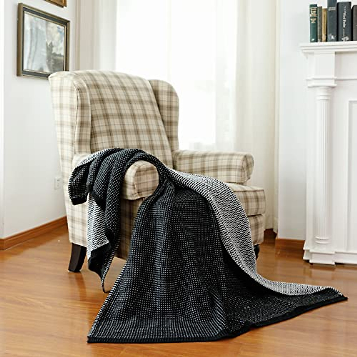 Snugtown Ombre Weave Cable Knitted Cozy Throw Blanket, Home Decorative Blanket Throw for Couch Chairs Bed, Black and White, 50 x 60 Inches