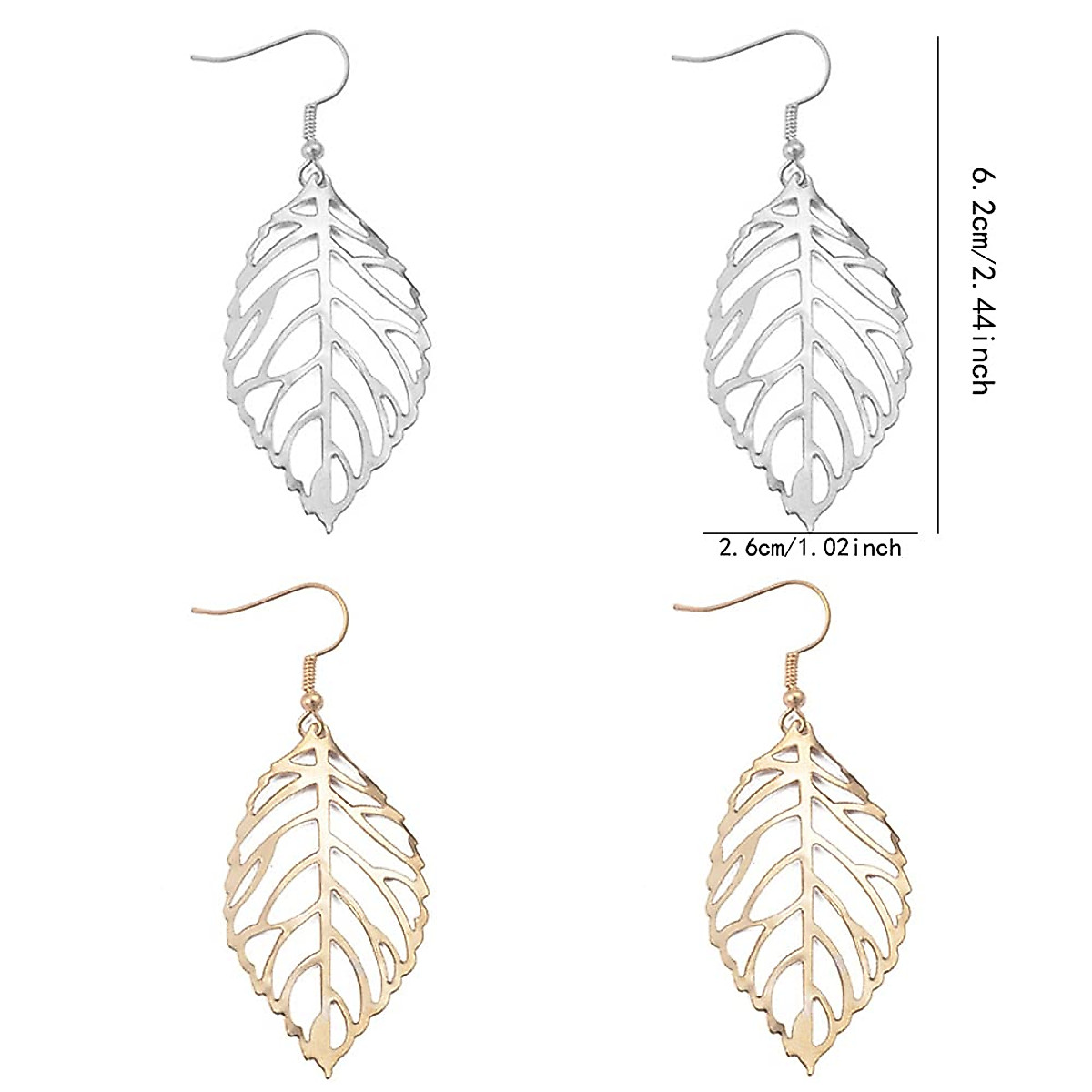 DIYANMMY 2 Pairs Elegant Simulation Hollow Gold Silver Leaf Dangle Drop Earrings Bohemian Vintage Minimalist Hypoallergenic Jewelry Gift (Gold Silver Leaf Earrings)