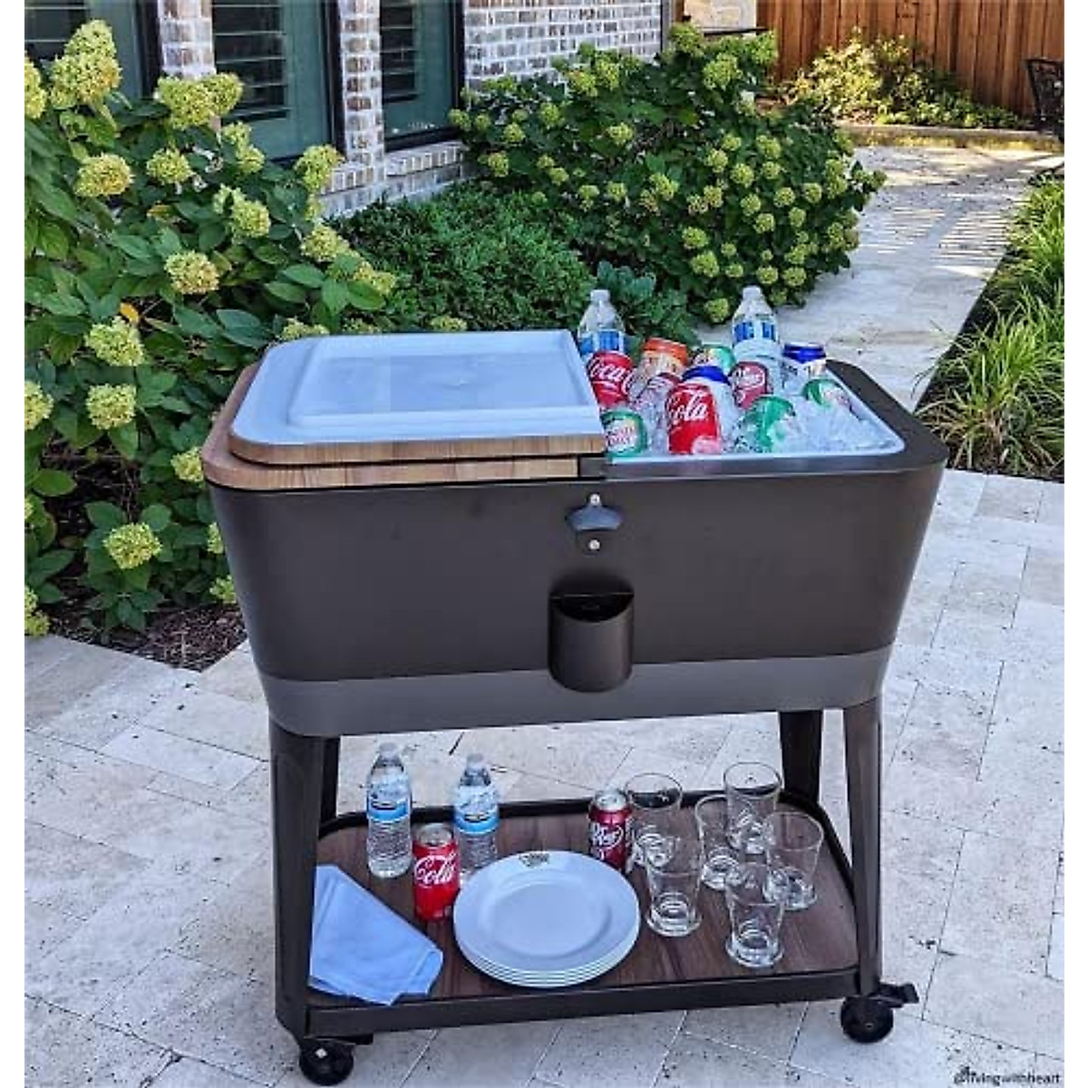 Sunjoy 80 Qt Rolling Cooler Cart Ice Chest, Patio Portable Party Mobile Cold Drink Bar Trolley, Quart, Silver