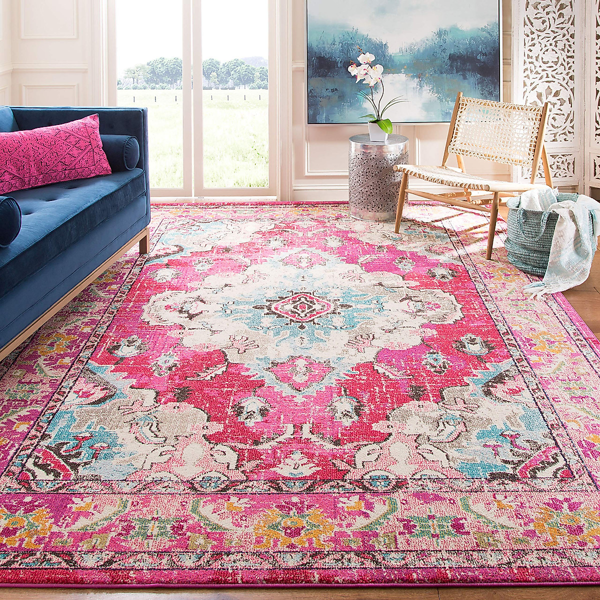 SAFAVIEH Monaco Collection Area Rug - 8'8" Square, Pink & Multi, Boho Chic Medallion Distressed Design, Non-Shedding & Easy Care, Ideal for High Traffic Areas in Living Room, Bedroom (MNC243D)