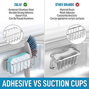 Zulay 2-in-1 Sponge Holder for Sink - Stainless Steel Kitchen Sink Sponge Holder with Extra Strong Adhesive - Rust Proof Dish Brush Holder & Dish Sponge Holder - Solid Sponge Caddy Sink Organizer