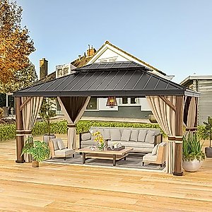 OLILAWN Gazebo 12x16, Hardtop Gazebo with Wood Finish Aluminum Frame, Galvanized Steel Double Top Gazebo with Ventilation, All-Weather Metal Gazebo with Netting and Curtains, for Patios Gardens Lawns