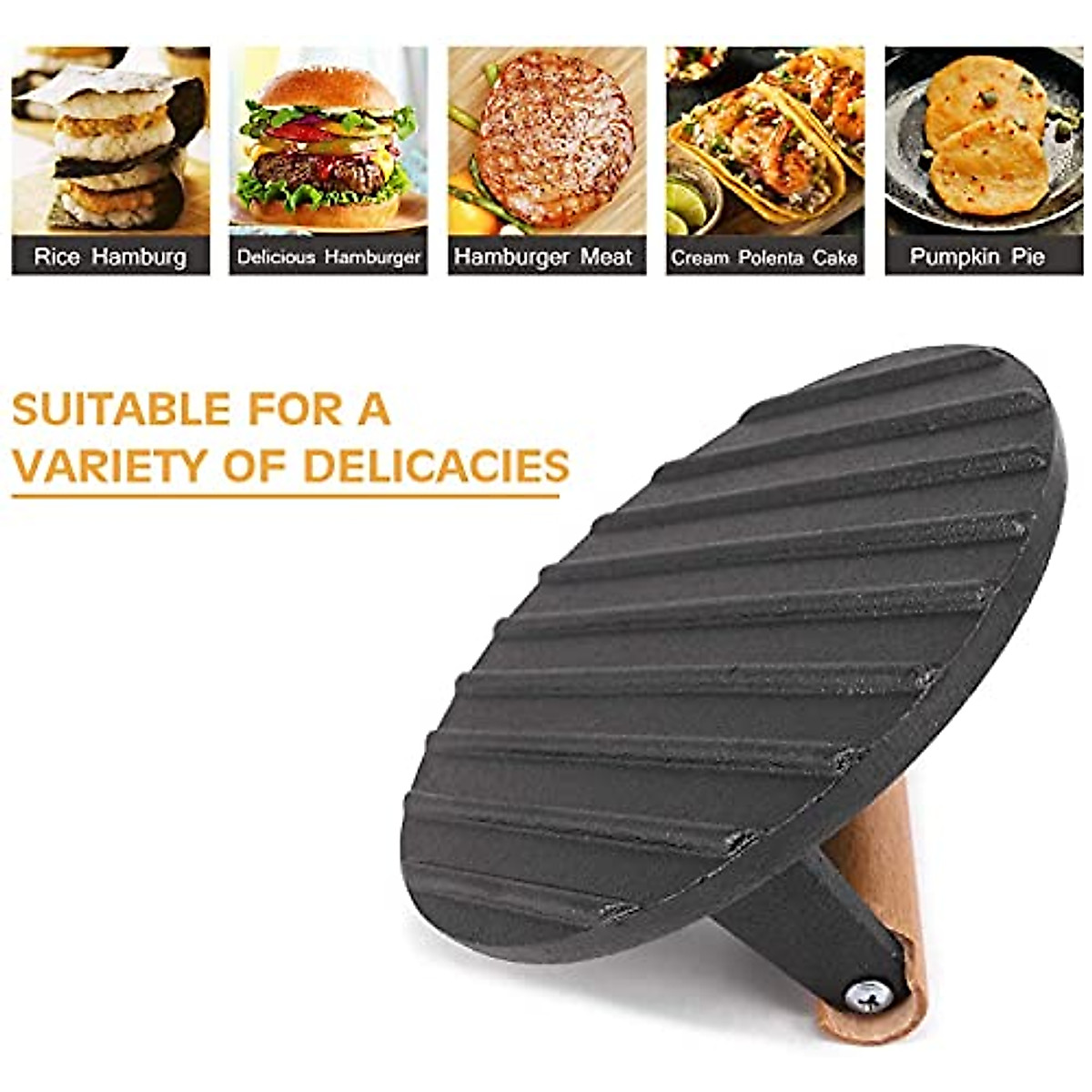 Burger Press Round 7 Inches Heavy Cast Iron Bacon Press with Solid Wood Handle for Kitchen & Commercial Gradee - Pre Seasoned Sandwich & Grill Press - Quesadillas, Hamburgers & Steaks