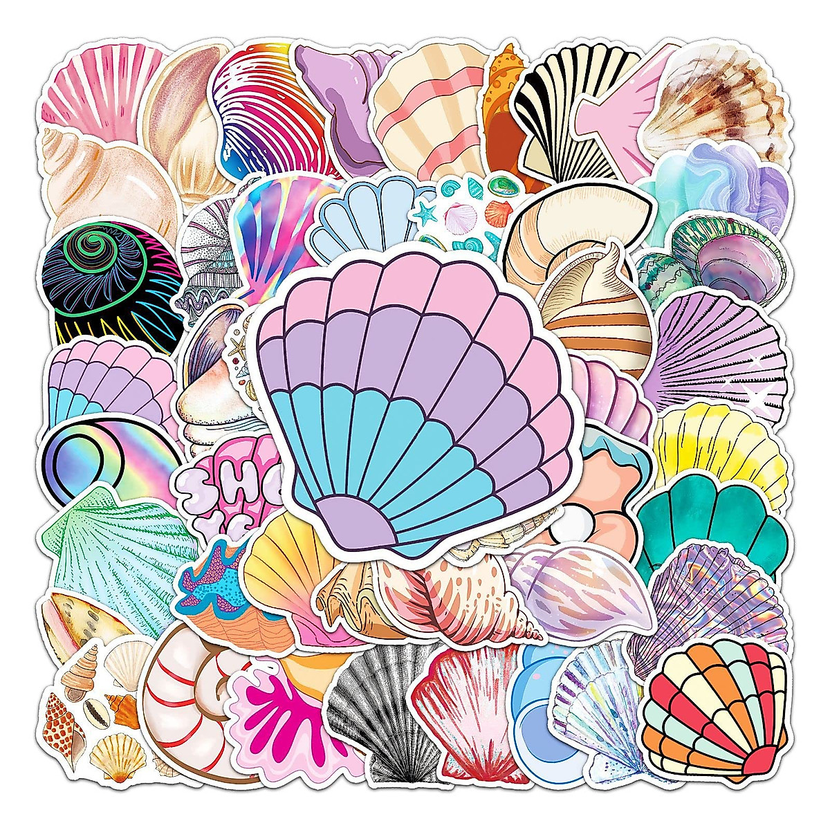 Shells Themed Stickers for Laptop(50 Pcs),Gift for Teens Adults Girl,Waterproof Sea Shells Mixed Beach Stickers for Water Bottle,Trendy Vinyl Stickers for Journal,Dairy,Scrapbook