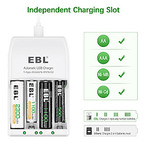 EBL AA Rechargeable Batteries 4 Pack, 2300mAh Ni-MH with Individual Cell Battery Charger - Rechargeable AA Batteries and 916 Charger Combo for Ni-MH/Ni-CD AA AAA Rechargeable Batteries