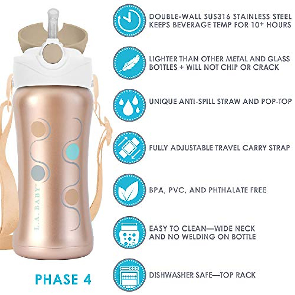 L.A. Baby Ultimate Stainless Steel Insulated Straw Sippy Cup | 9oz Toddler Water Bottle with Straw | Insulates 10+ Hours | Medical Grade Stainless Steel | Spill-Proof Design - Rose Gold