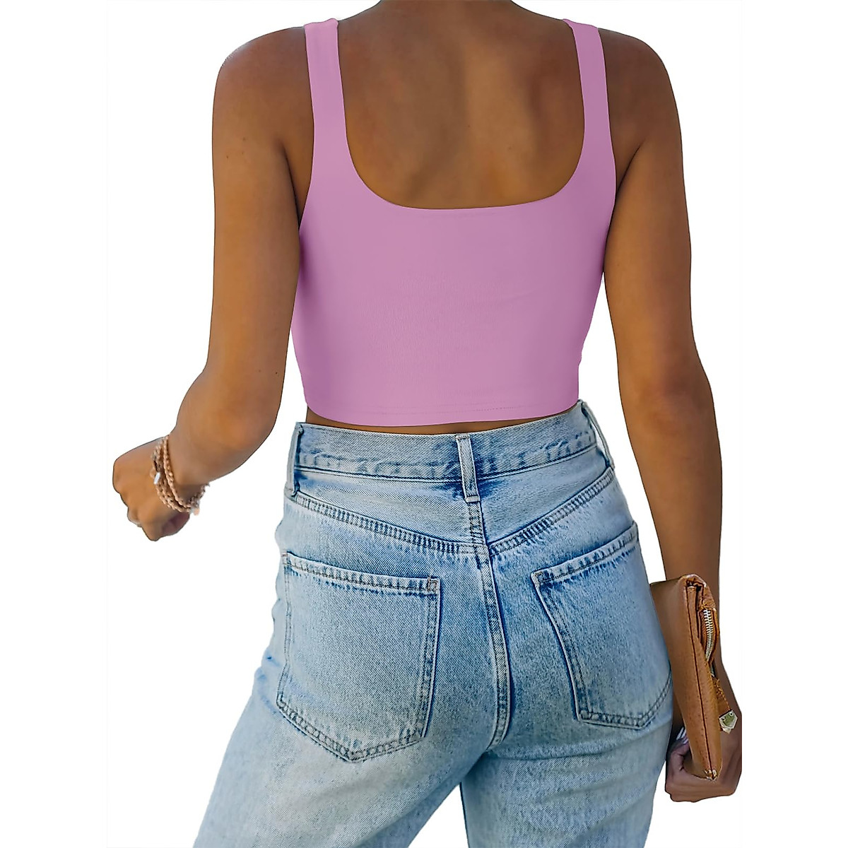 REORIA Women's Summer Sexy Basic Sleeveless Square Neck Fitted Seamless Yoga Cropped Tank Cute Crop Tops Violet Medium