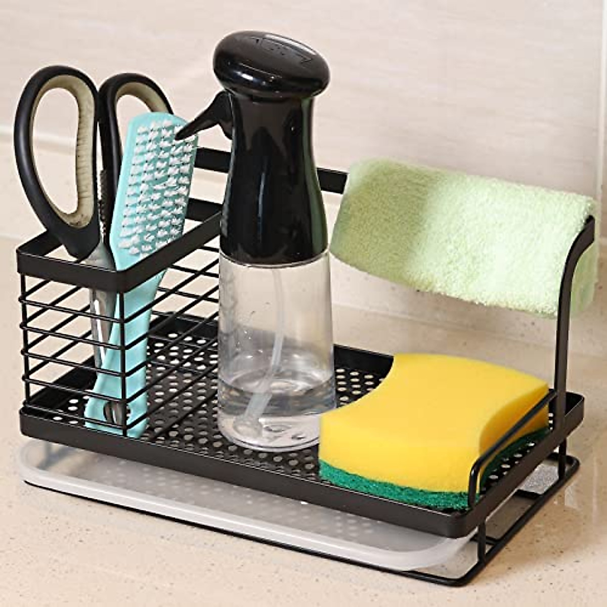 Homeve Kitchen Sink Caddy Organizer, Dishcloth Holder, Removable Drain Pan, Sponge, Brush Holder Rack, Bathroom Storage Organization on The countertop Stainless Steel Rustproo, Black-1 Pack