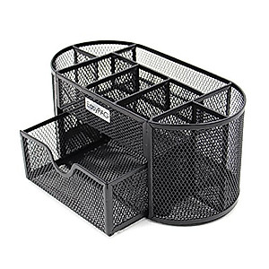 EasyPAG Desk Organizer Mesh Desktop Office Supplies Multi-functional Caddy Pen Holder Stationery with 8 Compartments and 1 Drawer,Black