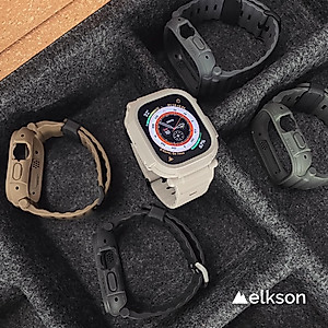 elkson Made for Apple Watch Ultra 2 1 Band case 49mm Screen Protector Tempered Glass, Quattro Pro Series Rugged for iWatch Bumper Strap Military Grade Durable Protective Cover Shock Proof Brown Tan