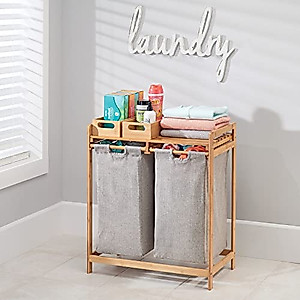 mDesign Freestanding Bamboo 2 Section Double Laundry Organizer Hamper with Removable Storage Sorter Bags, Space-Saving Basket Duo with Handles for Clothes/Linens - Echo Collection - Natural/Tan