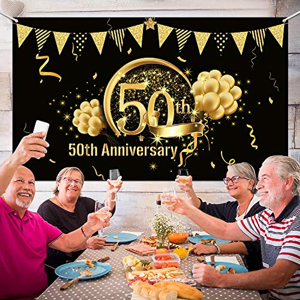 50th Anniversary Decorations, Extra Large Fabric Black Gold Sign Poster for 50th Anniversary Backdrop Photo Booth Background Banner 50th Birthday Party Supplies