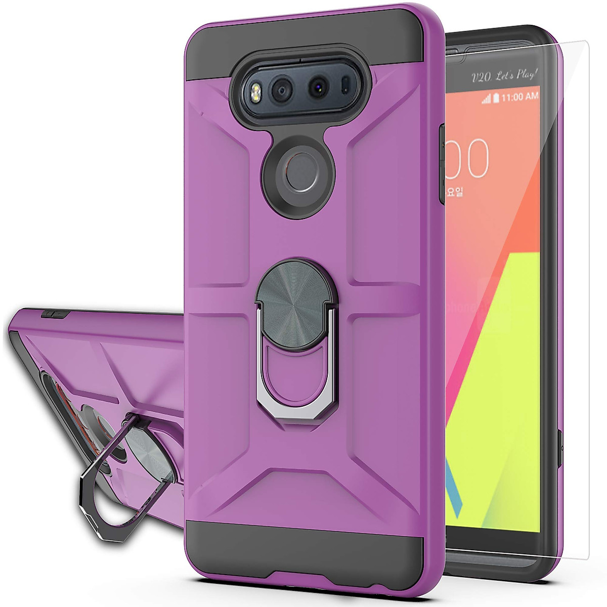 YmhxcY Compatible for LG V20/VS995/H990/LS997/H910 Case with HD Screen Protector,360 Degree Rotating Ring Kickstand Holder Dual Layers of Shockproof Phone Case for LG V20-ZS Purple