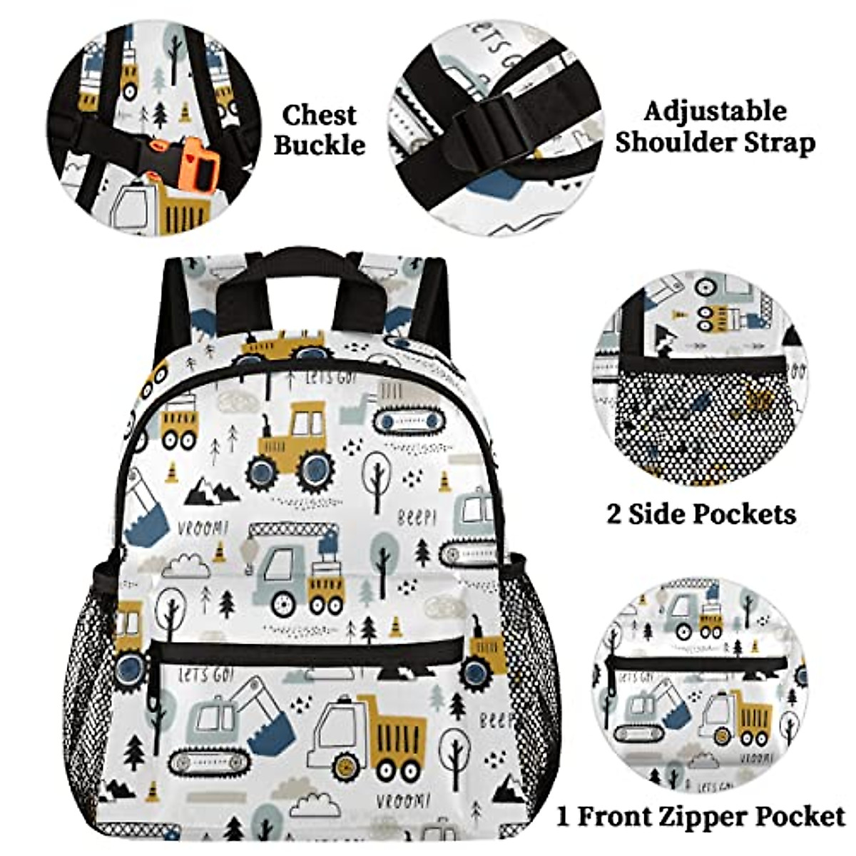 dgdahk Kids Backpack Toddler Cute Car Truck Excavator Preschool Book Bag Small Cute Kindergarten Elementary Bookbags Travel Backpack With Chest Strap for Little Boy Girl 3-6