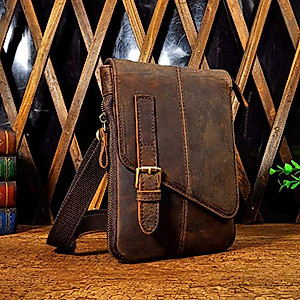 Le'aokuu Mens Genuine Leather Coffee Fanny Small Messenger Shoulder Satchel Waist Bag Pack (Dark Brown Large)