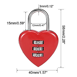uxcell 3 Digit Combination Padlock, 3mm Shackle, Zinc Alloy Lock Heart Shaped, Red