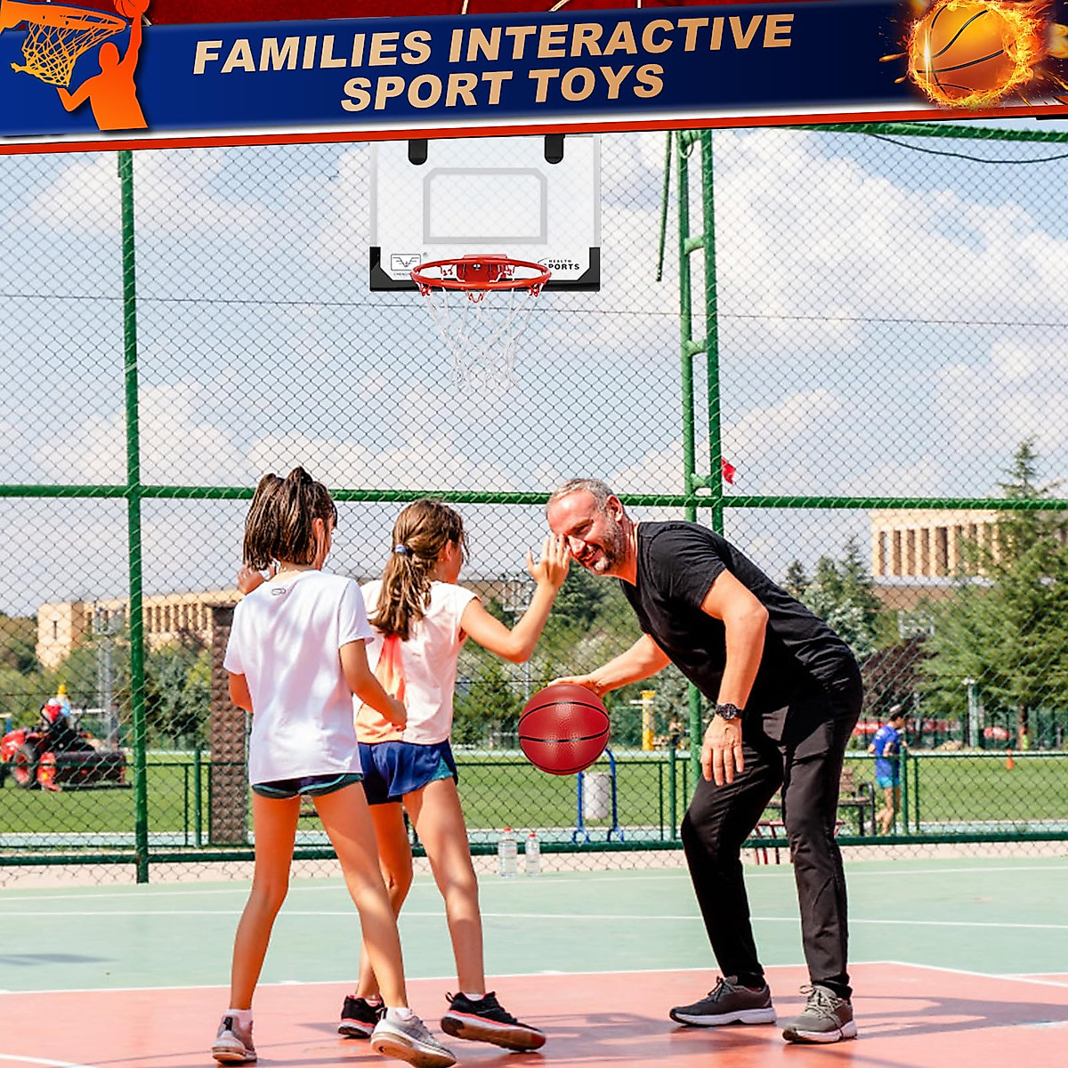 Mini Indoor Basketball Hoop for Door, Over Door Basketball Hoop for Kids Adults with Large 9 Inch Dunk Rim 4 Mini Replacement 6" Basketballs Sport Game Gift for 6 7 8 9 10 11 12 Years (15.8"x11.7")